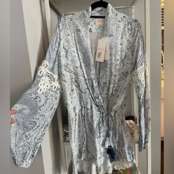 Rococo Sand | Dresses | Rococo Sand Paisley White Blue Wrap Mini Dress ...
